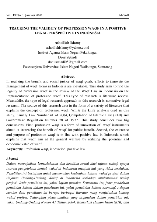 (PDF) Tracking the Validity of Profession Waqf in a Positive Legal Perspective in Indonesia