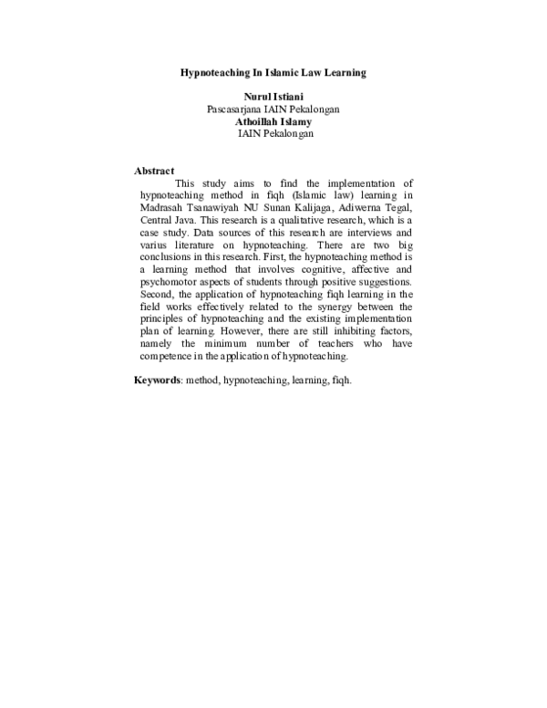 (PDF) Hypnoteaching Hypnoteaching In Islamic Law Learning