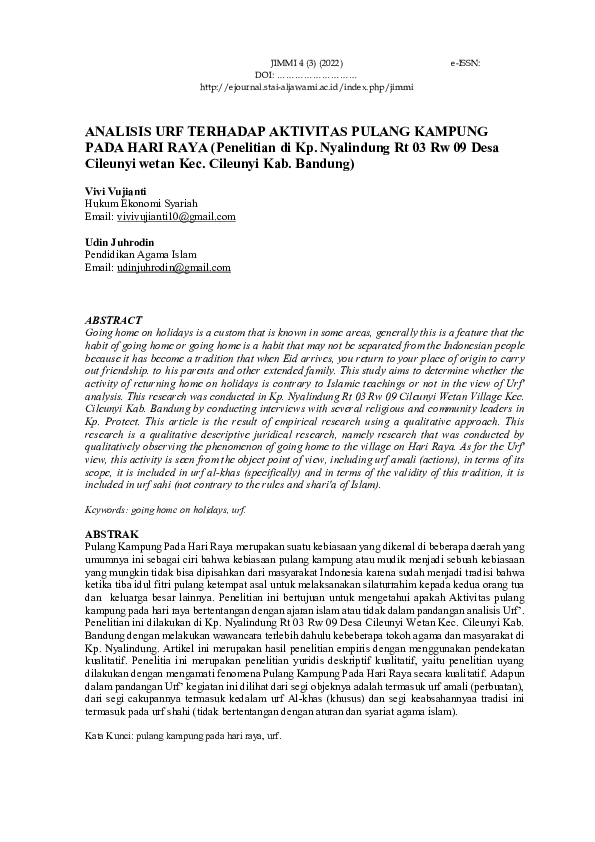 (PDF) ANALISIS URF TERHADAP AKTIVITAS PULANG KAMPUNG PADA HARI RAYA