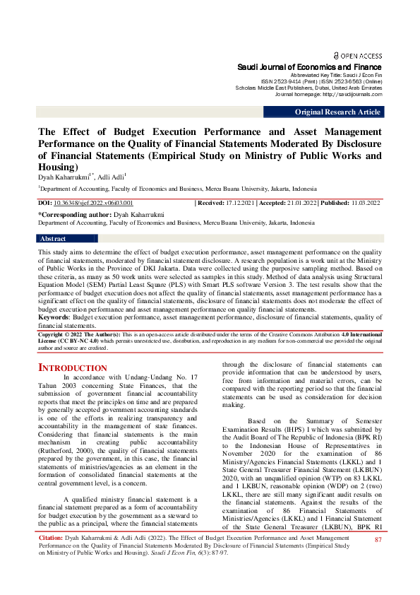 (PDF) The Effect of Budget Execution Performance and Asset Management ...