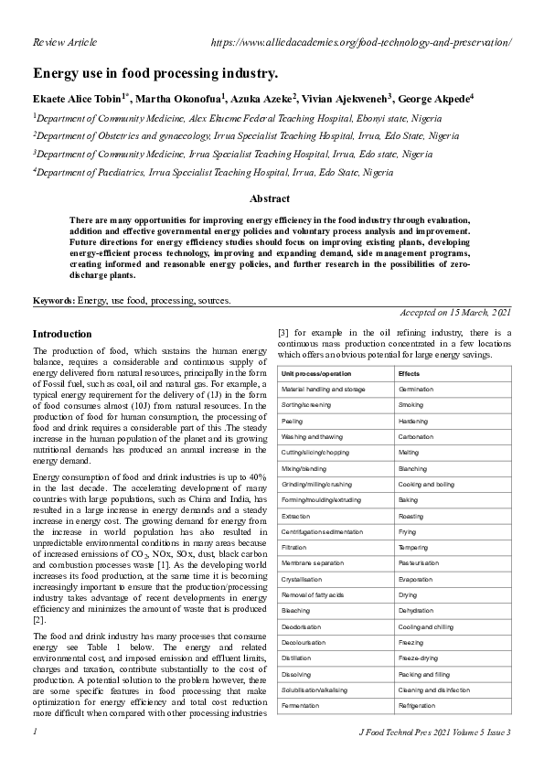(PDF) Energy use in food processing industry