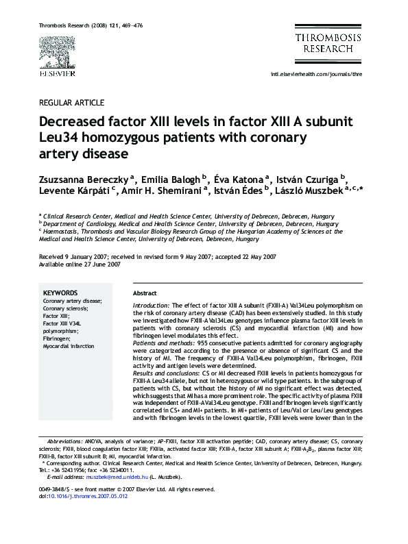 (PDF) Decreased factor XIII levels in factor XIII A subunit Leu34 ...