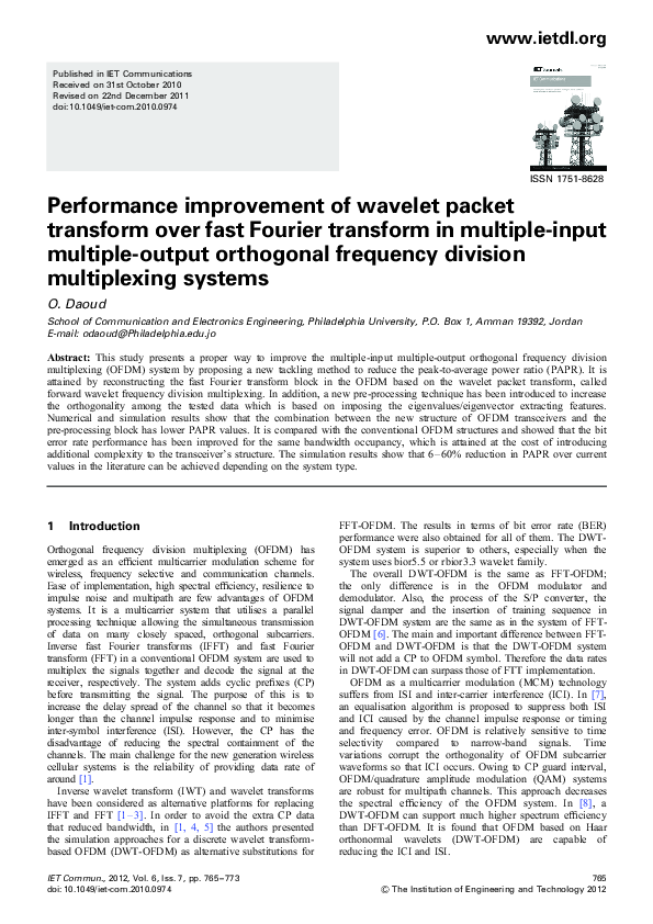 (PDF) Performance improvement of wavelet packet transform over fast Fourier transform in ...