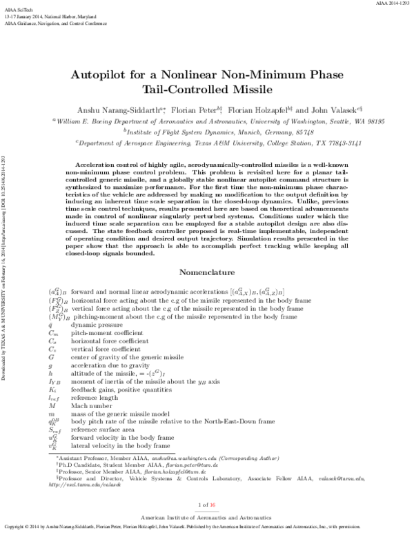 (PDF) Autopilot for a Nonlinear Non-Minimum Phase Tail-Controlled Missile