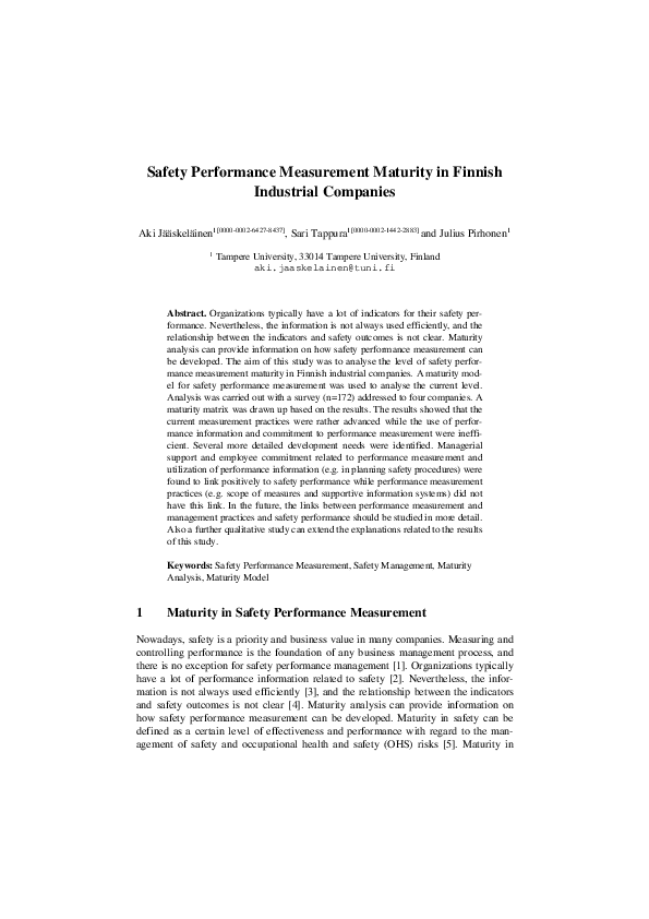 (PDF) Safety Performance Measurement Maturity in Finnish Industrial ...