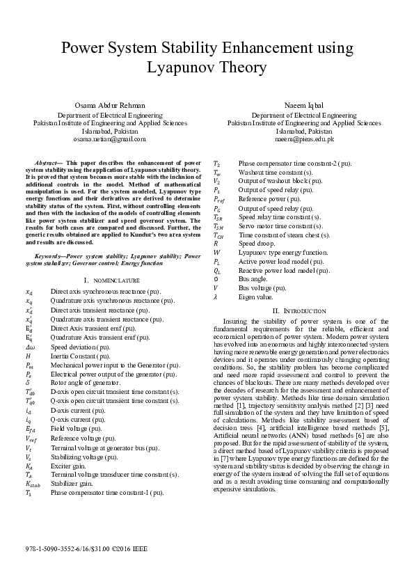 (PDF) Power System Stability Enhancement using Lyapunov Theory