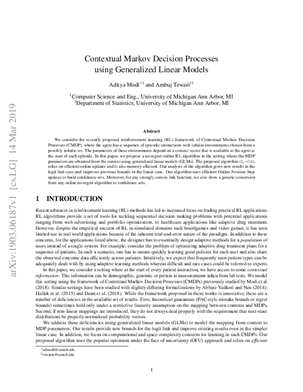 Pdf Contextual Markov Decision Processes Using Generalized Linear Models