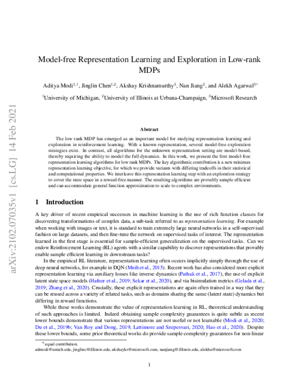 (PDF) Model-free Representation Learning and Exploration in Low-rank MDPs