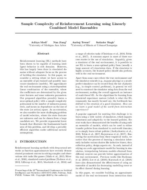 Pdf Sample Complexity Of Reinforcement Learning Using Linearly Combined Model Ensembles