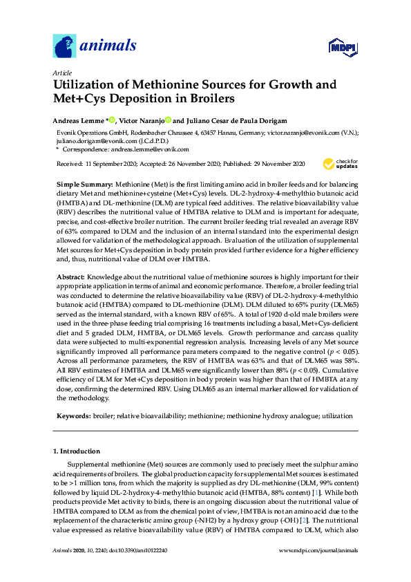 (PDF) Utilization of Methionine Sources for Growth and Met+Cys ...