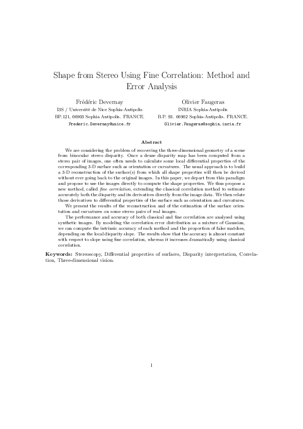 (PDF) Shape from stereo using fine correlation: Method and error analysis