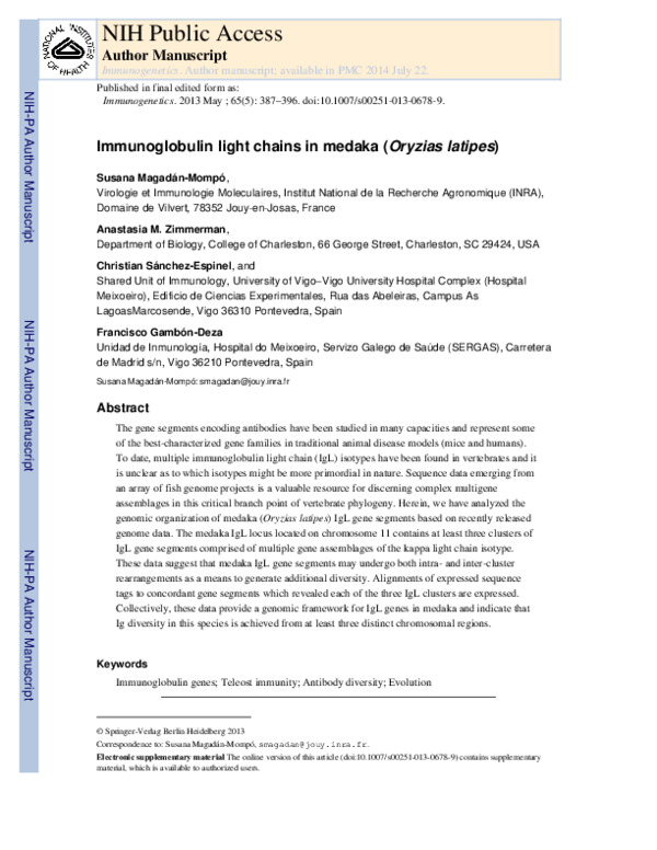 (PDF) Immunoglobulin light chains in medaka (Oryzias latipes)