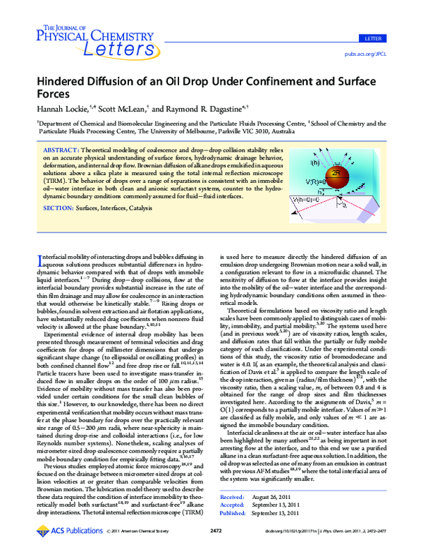 Pdf Hindered Diffusion Of An Oil Drop Under Confinement And Surface Forces Hannah Lockie
