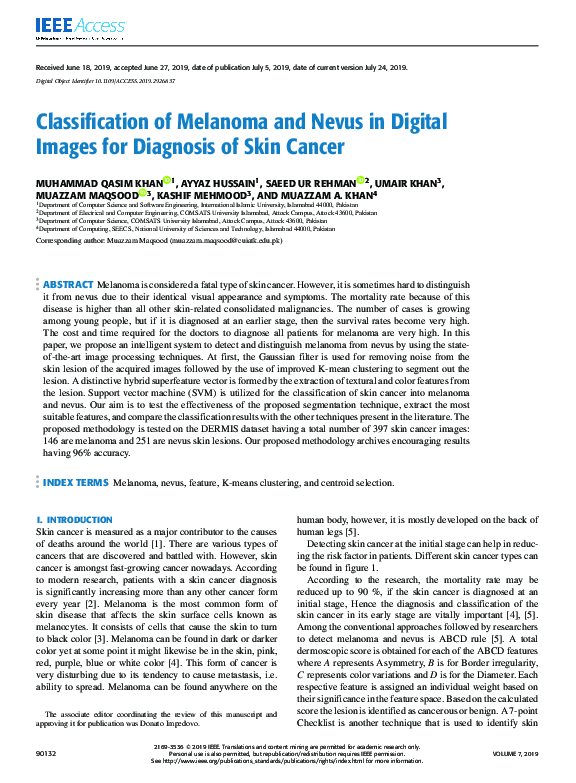 (PDF) Classification of Melanoma and Nevus in Digital Images for Diagnosis of Skin Cancer