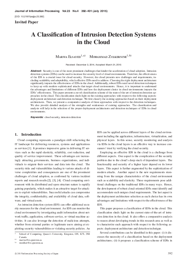 Pdf A Classification Of Intrusion Detection Systems In The Cloud