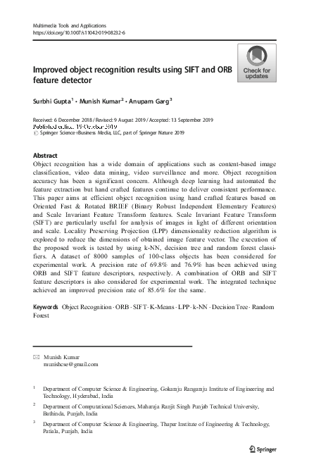 (PDF) Improved object recognition results using SIFT and ORB feature detector