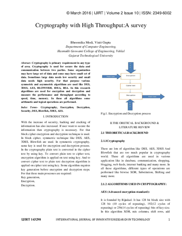 (PDF) Cryptography with High Throughput : A survey