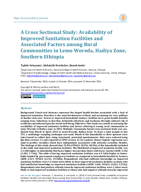 (PDF) A Cross Sectional Study: Availability of Improved Sanitation ...