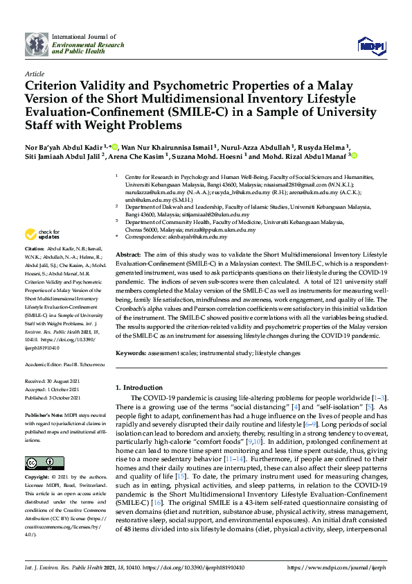 (PDF) Criterion Validity and Psychometric Properties of a Malay Version ...