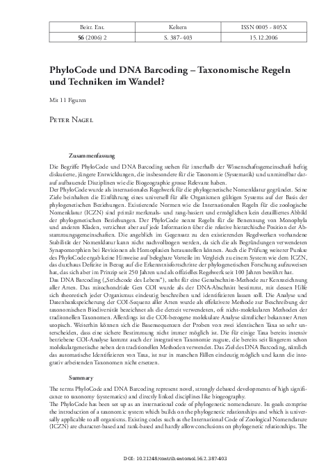 (PDF) PhyloCode und DNA Barcoding - Taxonomische Regeln und Techniken ...