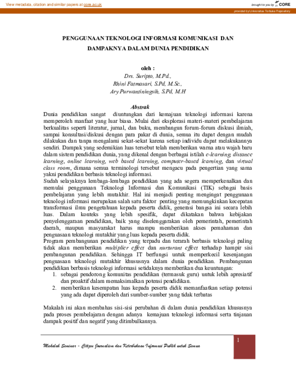 (PDF) Penggunaan Teknologi Informasi Komunikasi Dan Dampaknya Dalam Dunia Pendidikan