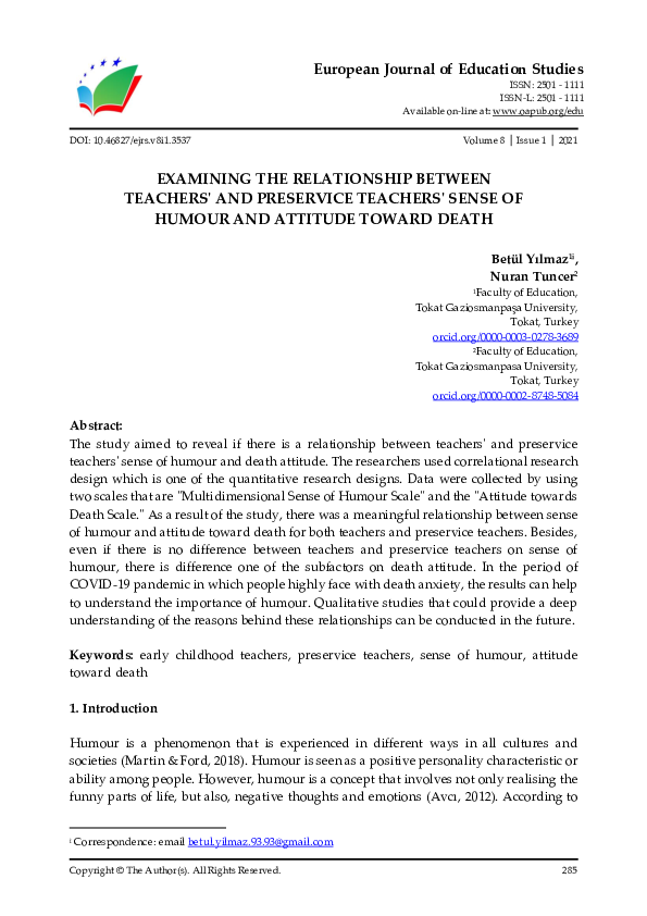 (PDF) Examining the Relationship Between Teachers' and Preservice Teachers' Sense of Humour and ...
