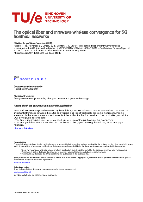 (PDF) The Optical Fiber and mmWave Wireless Convergence for 5G Fronthaul Networks