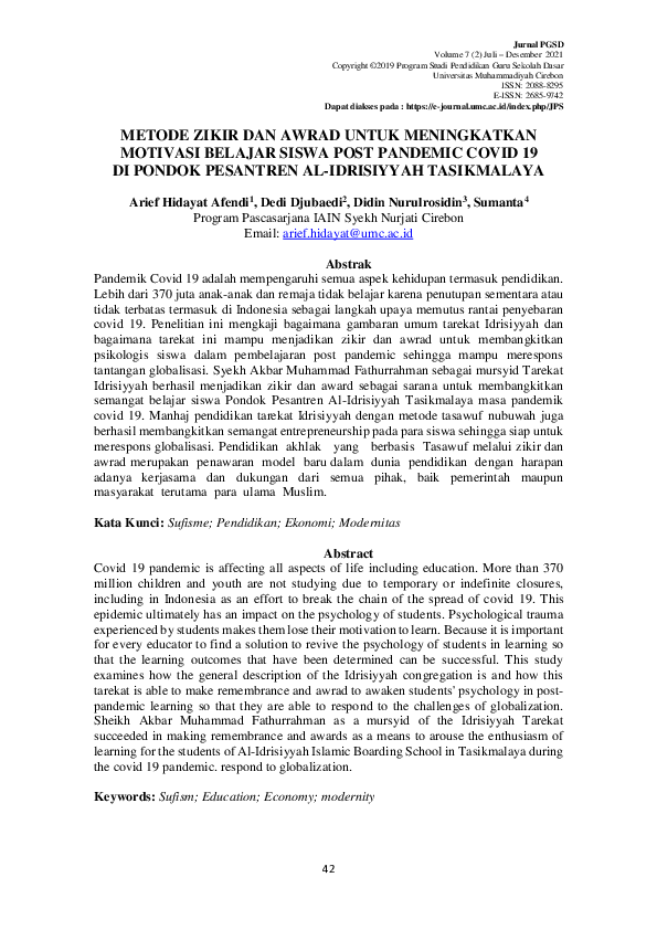 (PDF) Metode Zikir Dan Awrad Untuk Meningkatkan Motivasi Belajar Siswa Post Pandemic Covid 19 DI ...