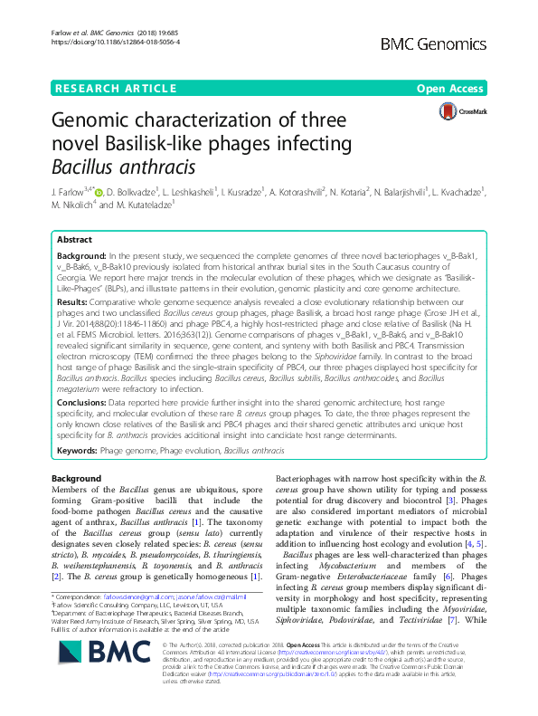 (PDF) Genomic characterization of three novel Basilisk-like phages infecting Bacillus anthracis ...