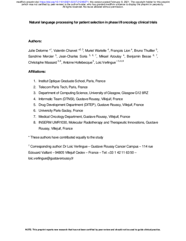 (PDF) Natural language processing for patient selection in phase I/II ...