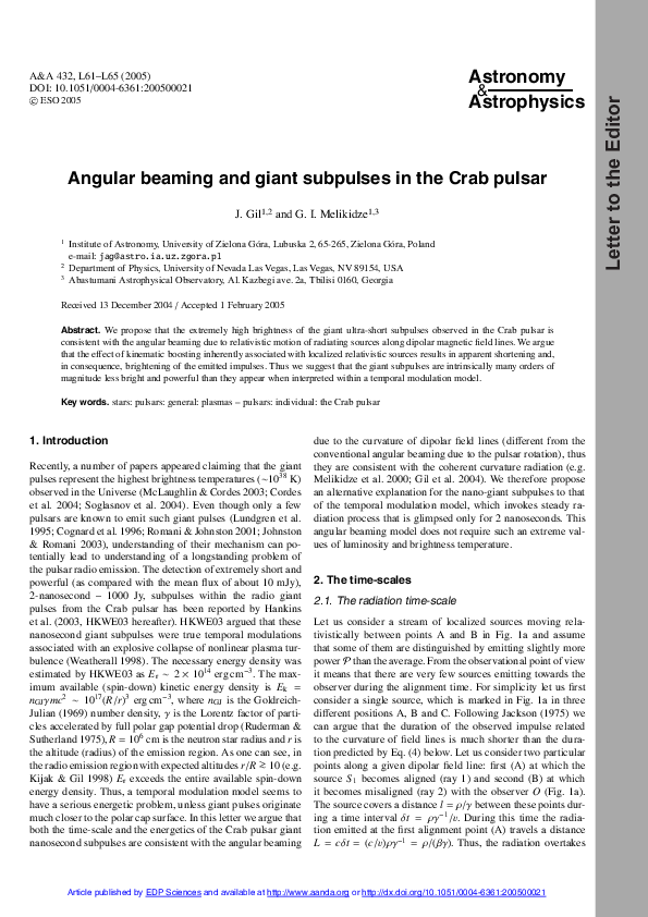 (PDF) Angular Beaming in Crab Pulsar Subpulses
