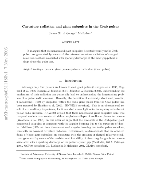 (PDF) Curvature radiation and giant subpulses in the Crab pulsar