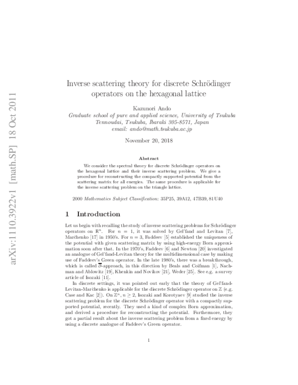 (PDF) Inverse Scattering Theory for Discrete Schrödinger Operators on the Hexagonal Lattice
