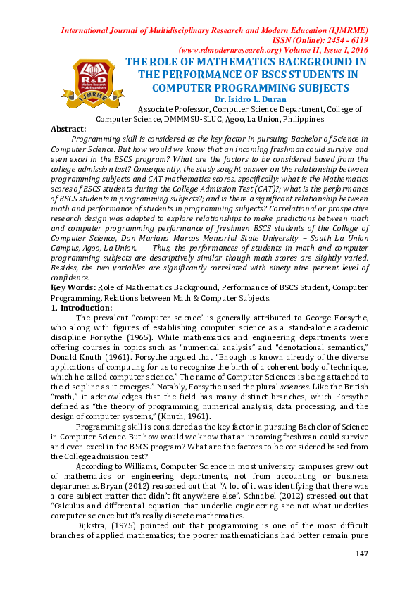 (PDF) The Role of Mathematics Background in the Performance of BSCS Students in Computer ...