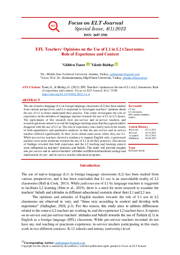 (PDF) EFL Teachers’ Opinions on the Use of L1 in L2 Classrooms: Role of Experience and Context