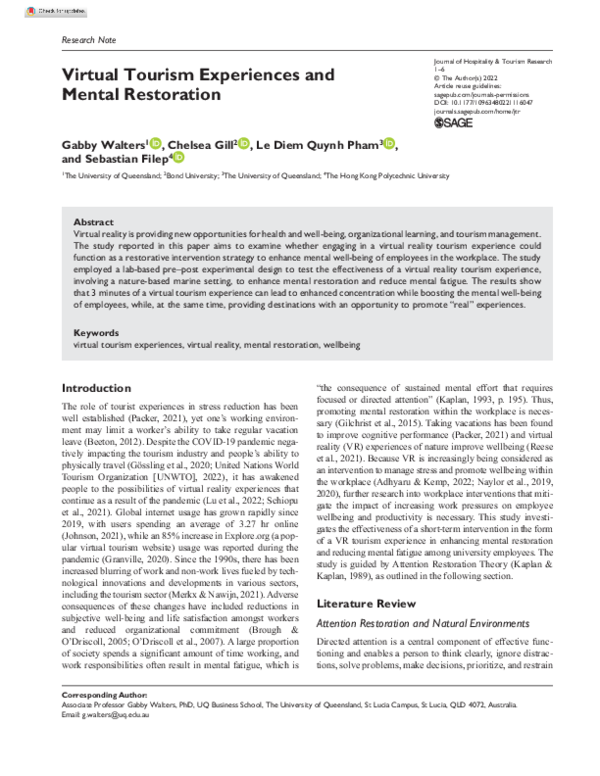 (PDF) Virtual Tourism Experiences and Mental Restoration