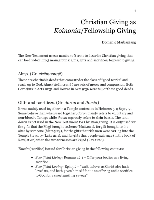 (PDF) Christian Giving as Koinonia/Fellowship Giving