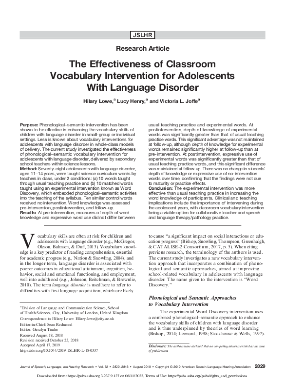 (PDF) The Effectiveness of Classroom Vocabulary Intervention for ...