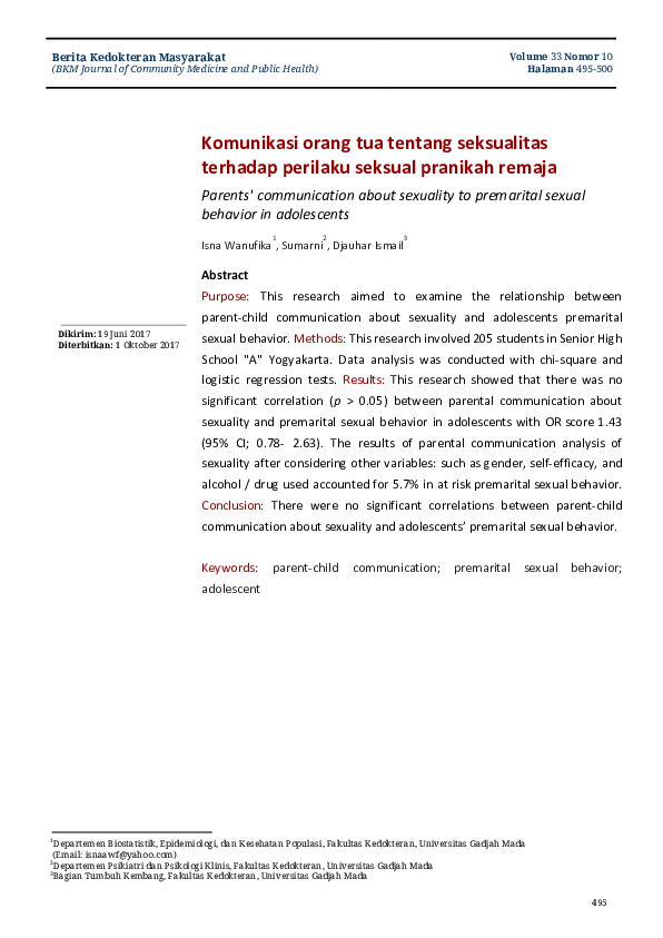 (PDF) Komunikasi Orang Tua Tentang Seksualitas Terhadap Perilaku Seksual Pranikah Pada Remaja