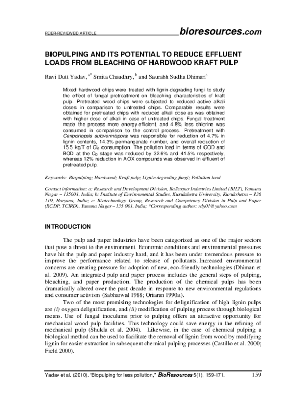 (PDF) Biopulping and Its Potential to Reduce Effluent Loads from ...