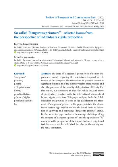 (PDF) So-called “dangerous prisoners” – selected issues from the ...