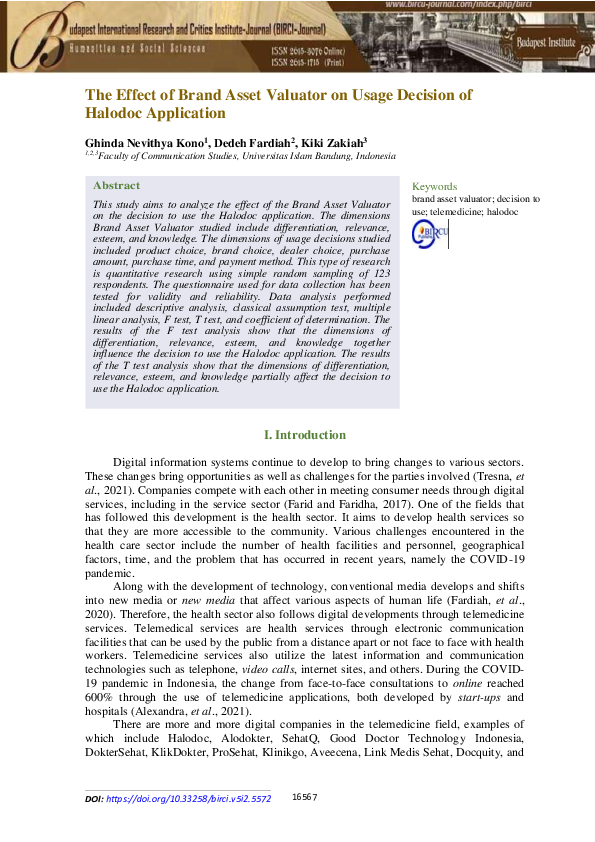 (PDF) The Effect of Brand Asset Valuator on Usage Decision of Halodoc Application