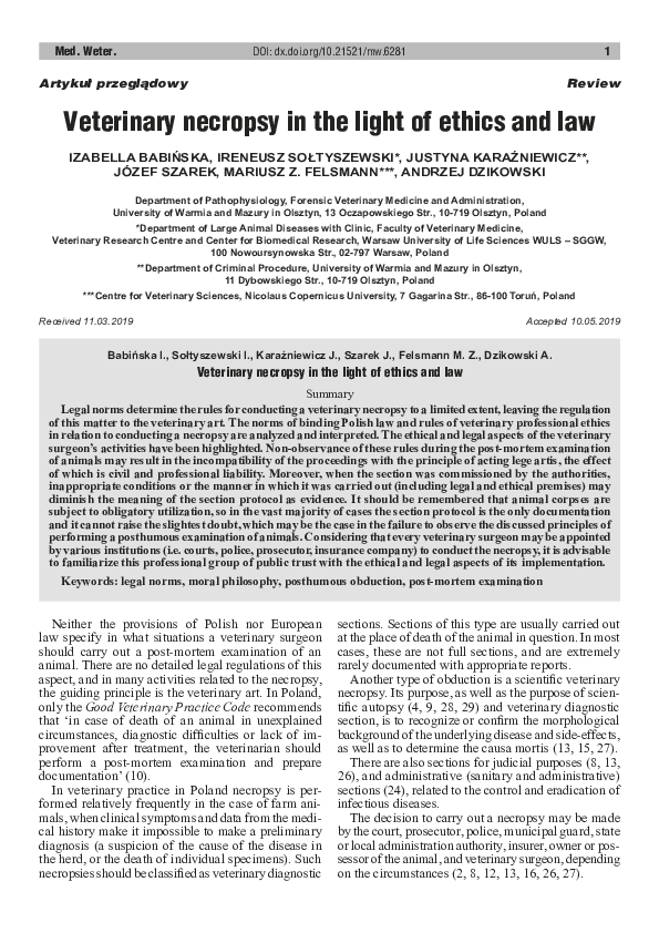 (PDF) Veterinary necropsy in the light of ethics and law