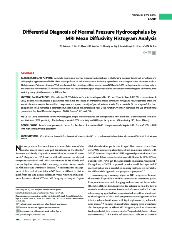 (PDF) Differential Diagnosis of Normal Pressure Hydrocephalus by MRI Mean Diffusivity Histogram ...