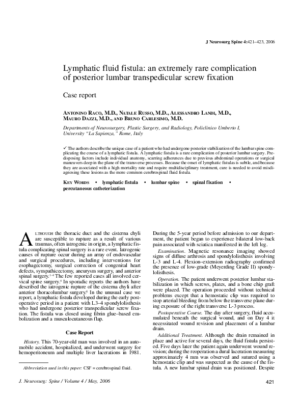 (PDF) Lymphatic fluid fistula: an extremely rare complication of ...
