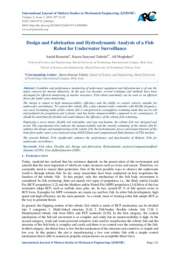 (PDF) Design and Fabrication and Hydrodynamic Analysis of a Fish Robot for Underwater Surveillance