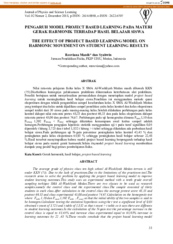 (PDF) Pengaruh Model Project Based Learning Pada Materi Gerak Harmonik Terhadap Hasil Belajar ...
