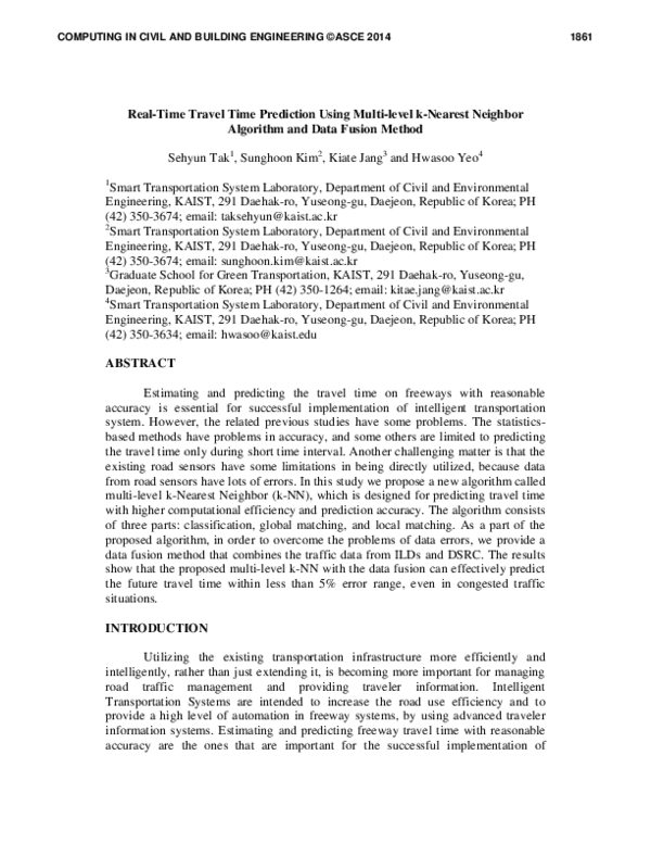 (PDF) Real-Time Travel Time Prediction Using Multi-Level k-Nearest Neighbor Algorithm and Data ...