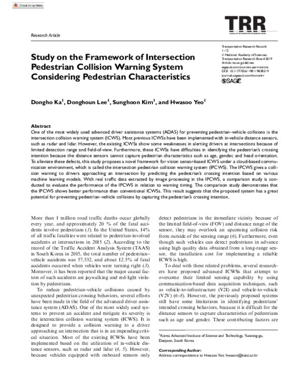 (PDF) Study on the Framework of Intersection Pedestrian Collision Warning System Considering ...