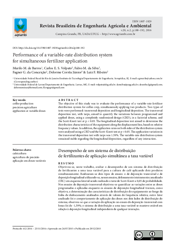 Pdf Performance Of A Variable Rate Distribution System For Simultaneous Fertilizer Application